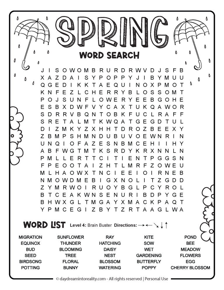 Spring Word Search Free PDF Printables | 6 Levels of Difficulty ...