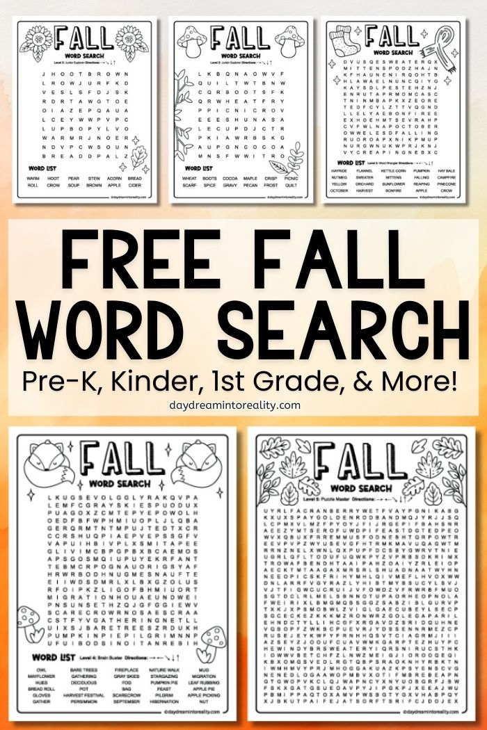 15 Fall Word Search Free PDF Printables | 6 Levels of Difficulty ...