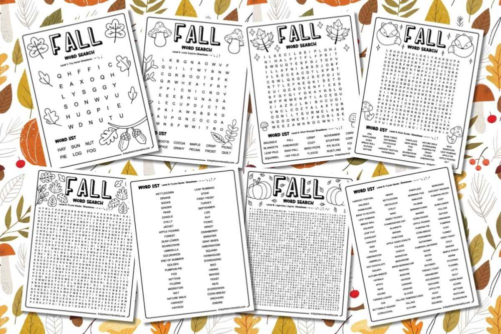 15 Fall Word Search Free PDF Printables | 6 Levels of Difficulty ...